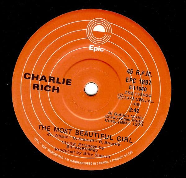 CHARLIE RICH The Most Beautiful Girl Vinyl Record 7 Inch Canadian Epic 1973