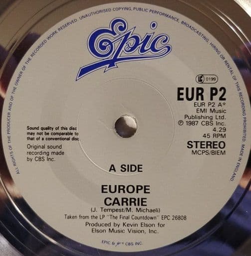 EUROPE Carrie Vinyl Record 7 Inch Epic 1987 Silver Vinyl