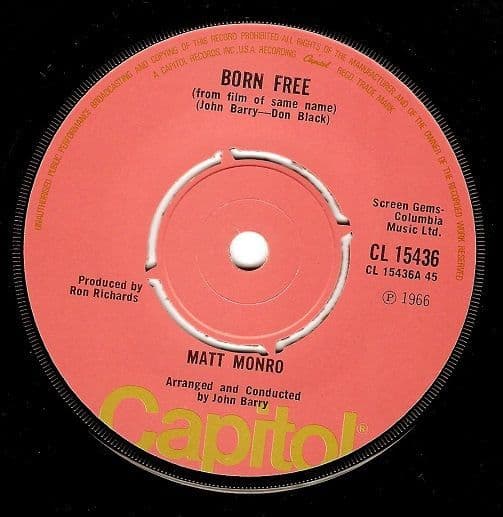 MATT MONRO Born Free Vinyl Record 7 Inch Capitol 1974