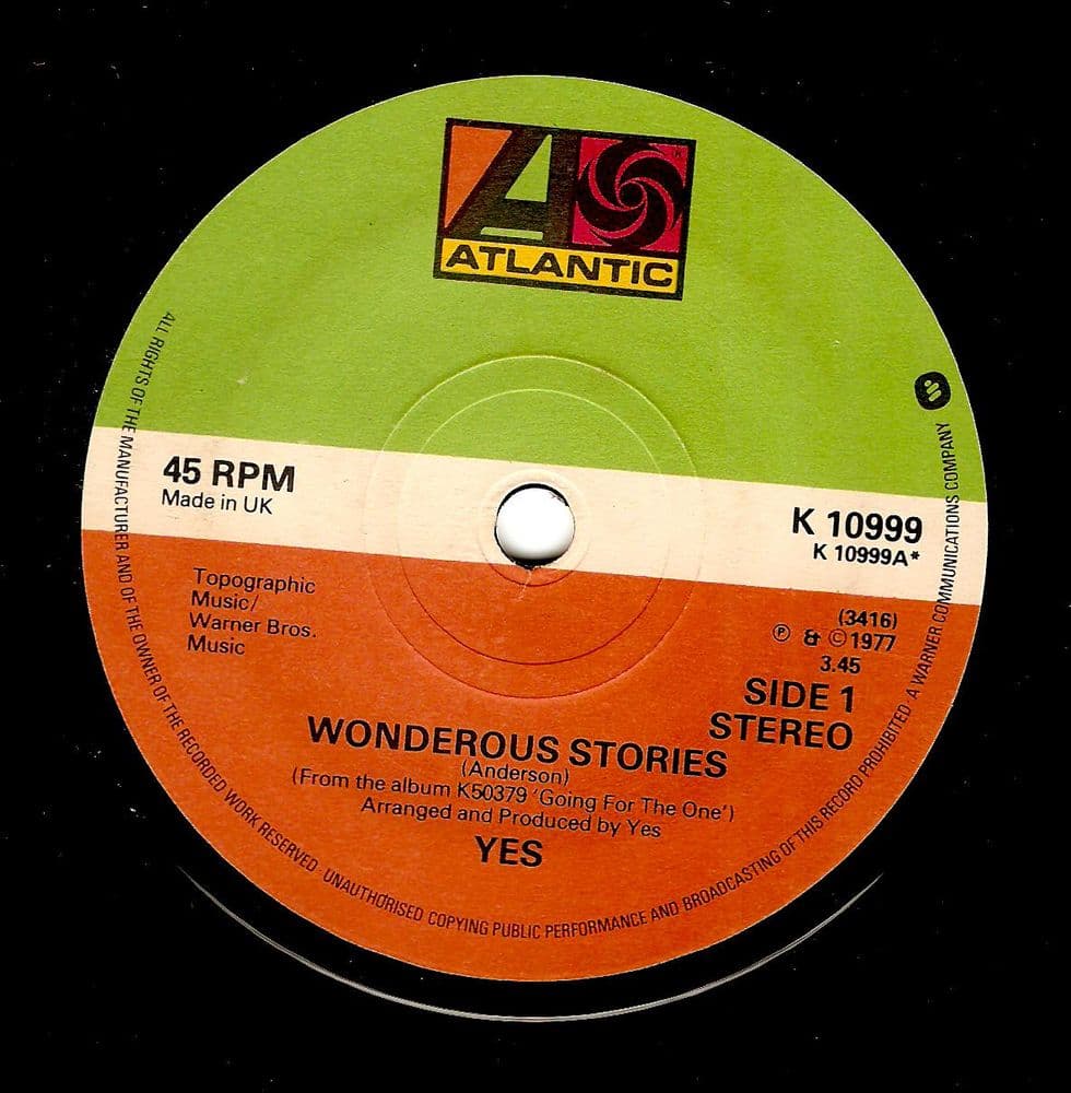 YES Wonderous Stories Vinyl Record 7 Inch Atlantic 1977