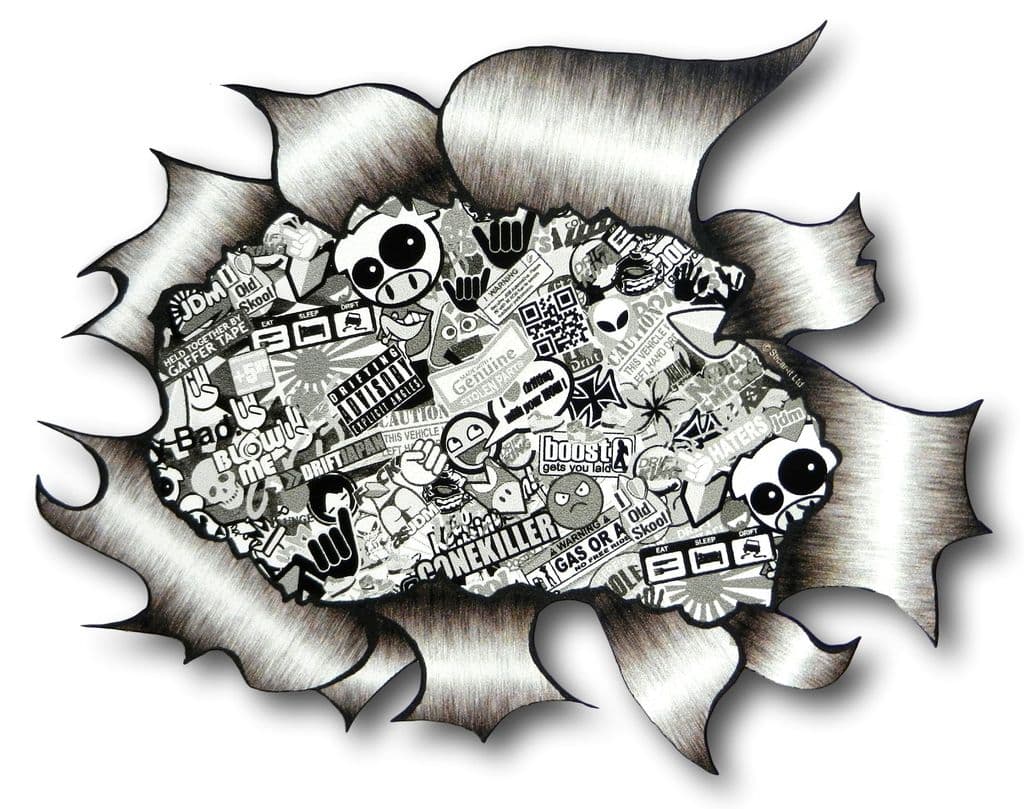 Ripped Torn Metal Design With B&W JDM Style Stickerbomb Motif External ...