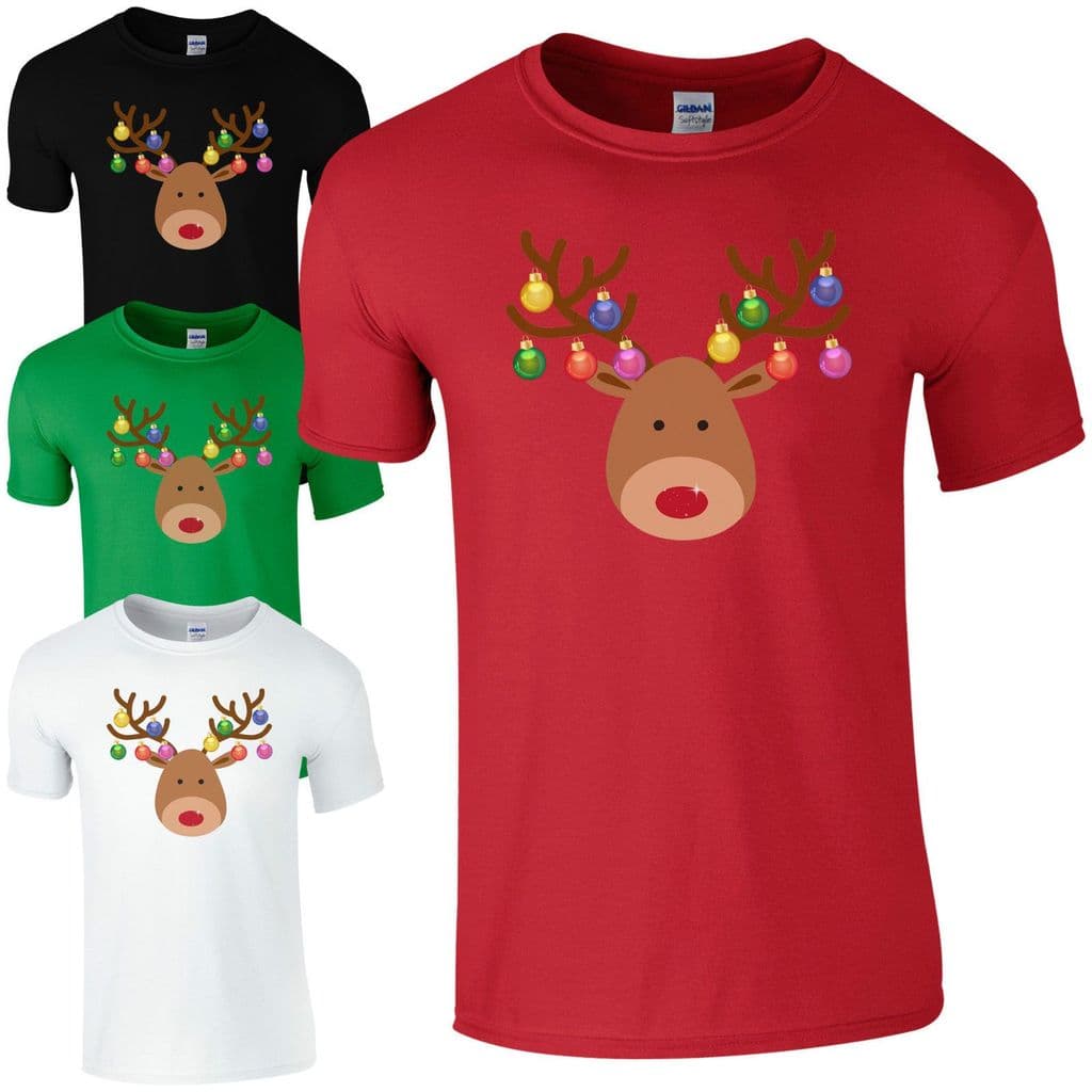 Christmas Baubles Rudolph Reindeer Face T-Shirt - Xmas Decorations Kids ...
