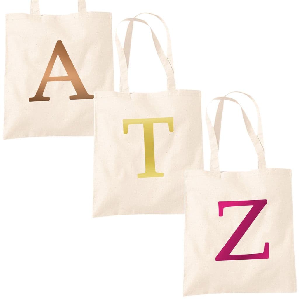 Single Letter METALLIC Printed Natural Tote Bag - Alphabet A-Z Initial ...